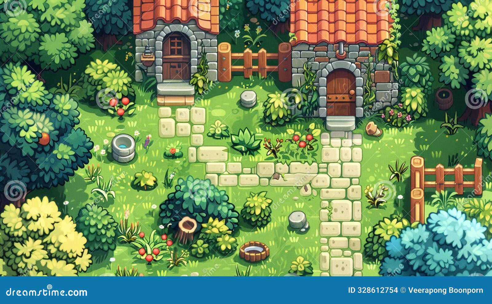 Overhead View Of A Chibi Style Pixel Art Game Environment Stock ...
