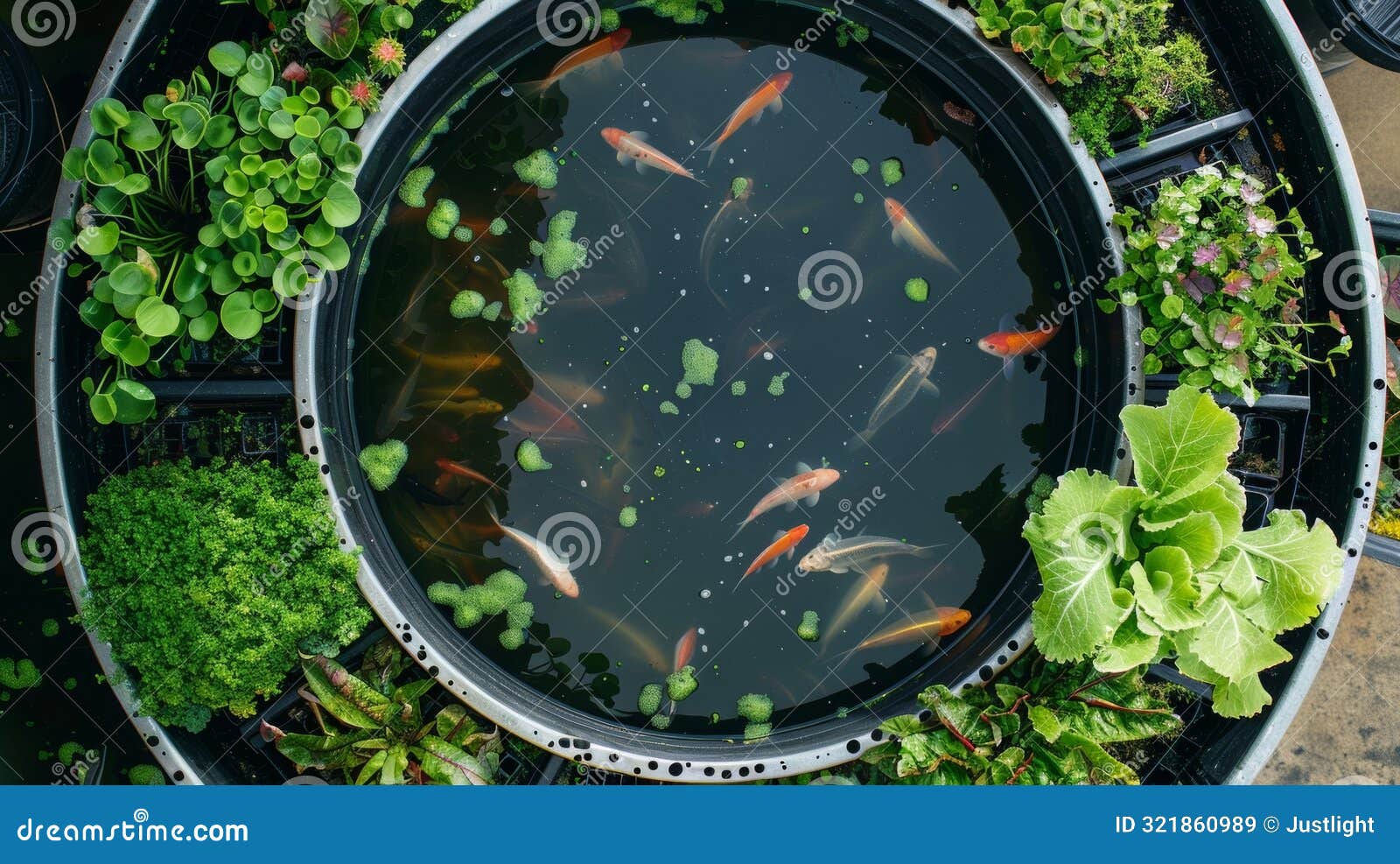 An Overhead View of a Circular Aquaponics System with Various Types of ...