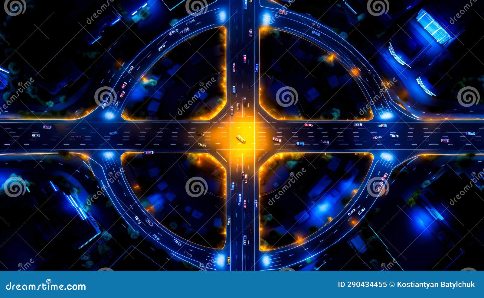 Overhead View of City Intersection with Yellow Light at the Center ...