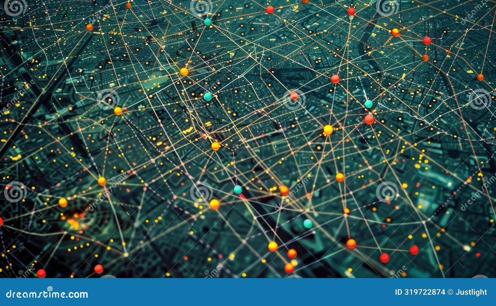 An Overhead View of the City with a Web of Flight Paths and Colored ...