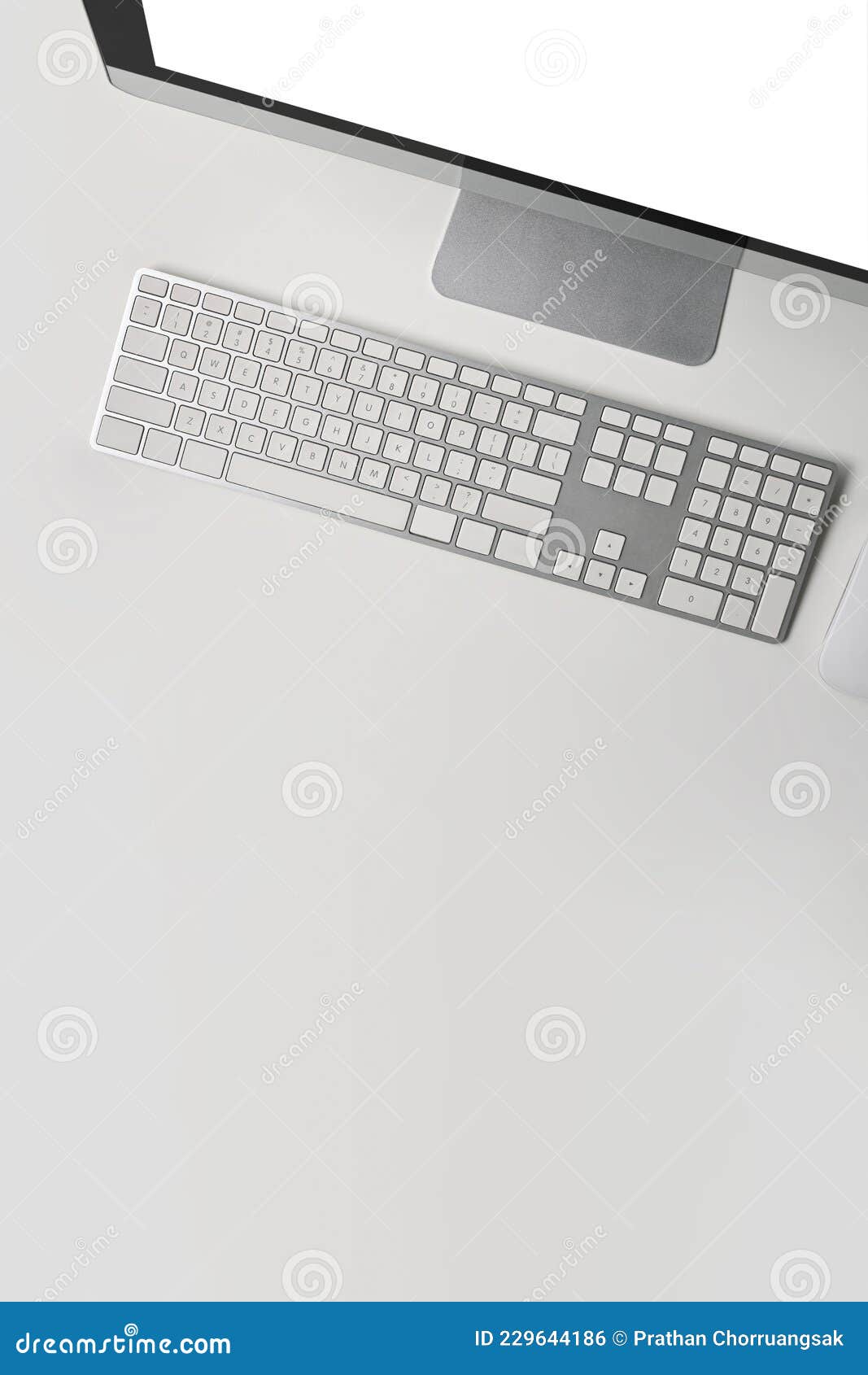Overhead View Computer and Wireless Keyboard on White Table. Stock ...
