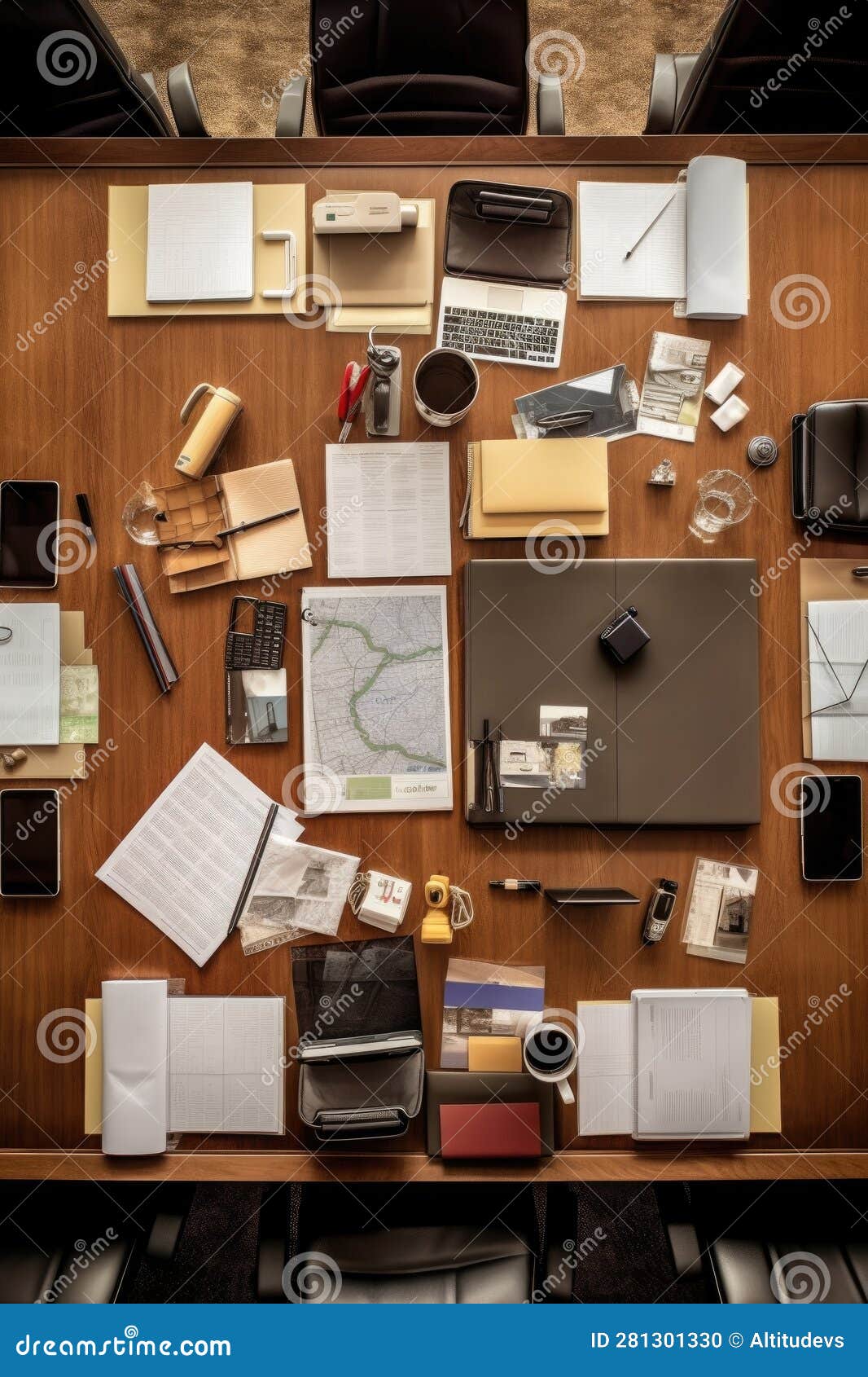Overhead View of Conference Table with Documents and Gadgets Stock ...