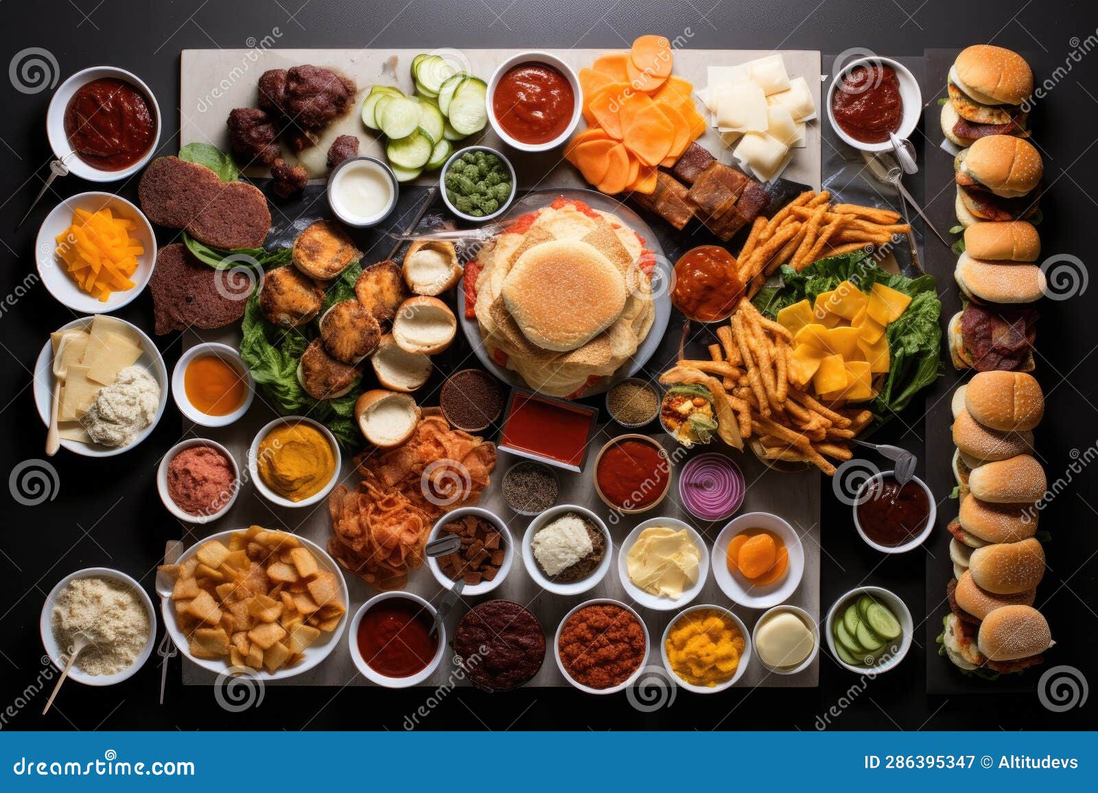 Overhead View of a Deconstructed Burger Layout Stock Image - Image of ...