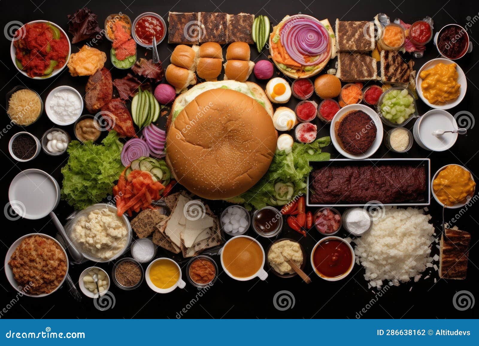 Overhead View of a Deconstructed Burger Layout Stock Illustration ...