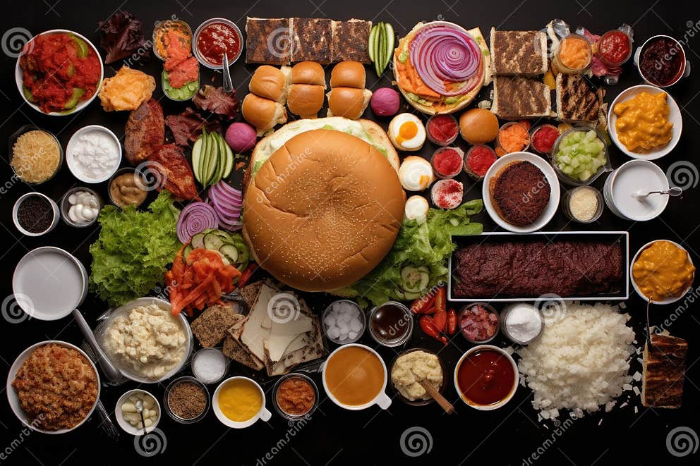 Overhead View of a Deconstructed Burger Layout Stock Photo - Image of ...