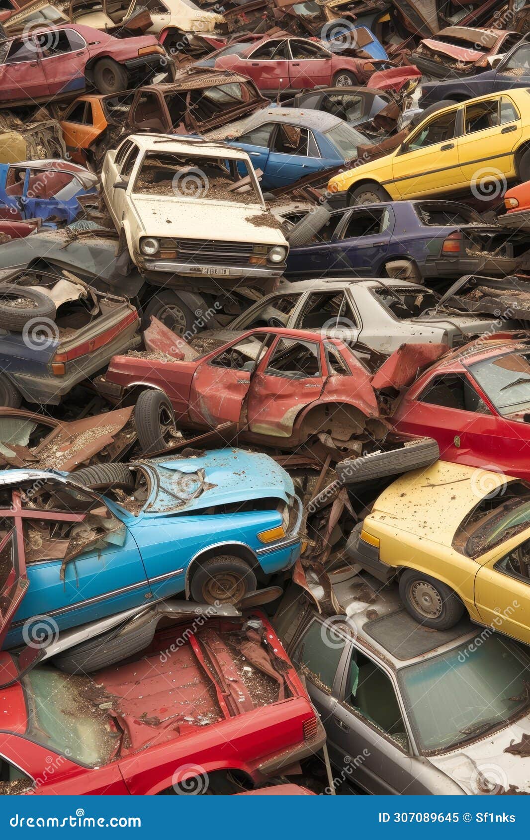 Overhead View of Dense Accumulation of Crushed Cars in a Scrapyard ...