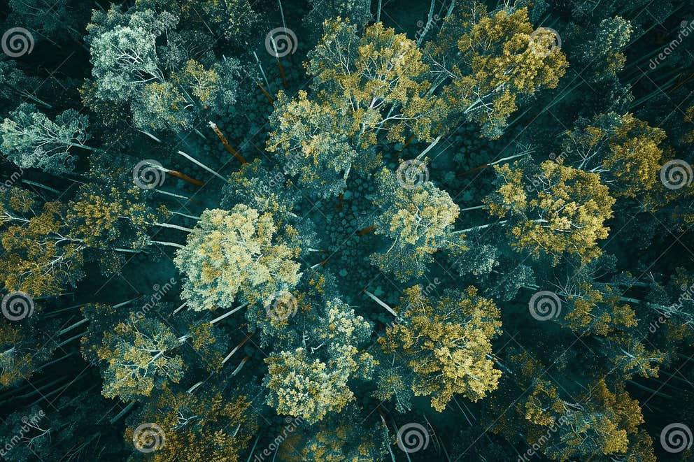 An Overhead View of a Dense Forest Area with Trees Creating Intricate ...