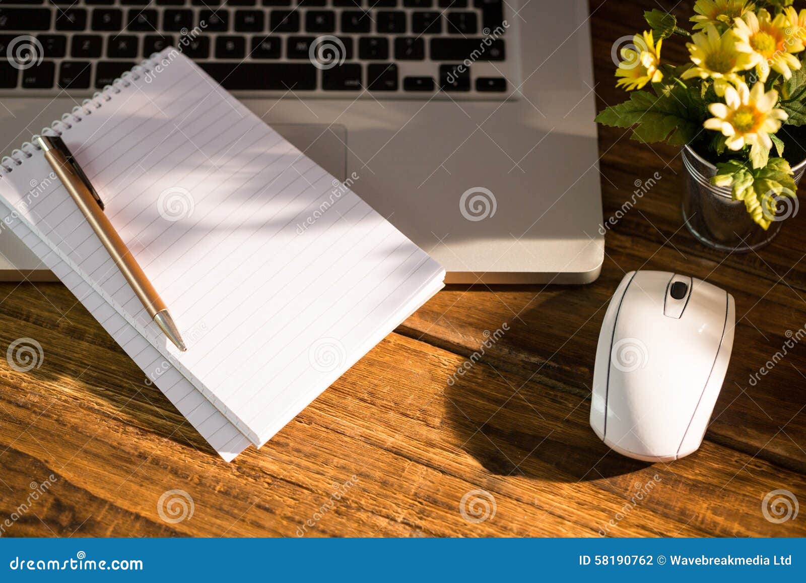 Overhead view of an desk stock photo. Image of flowers - 58190762