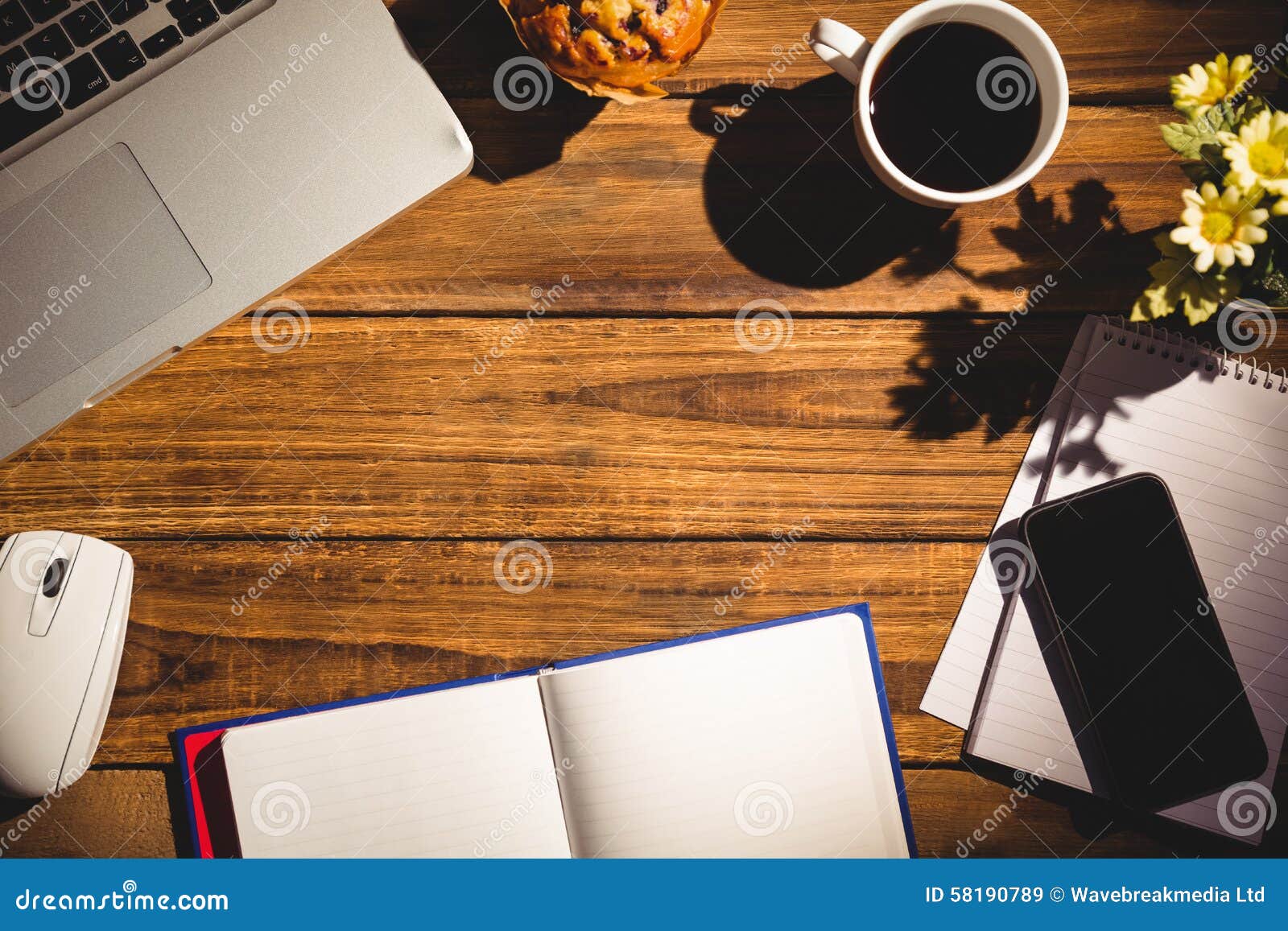 Overhead view of an desk stock image. Image of laptop - 58190789