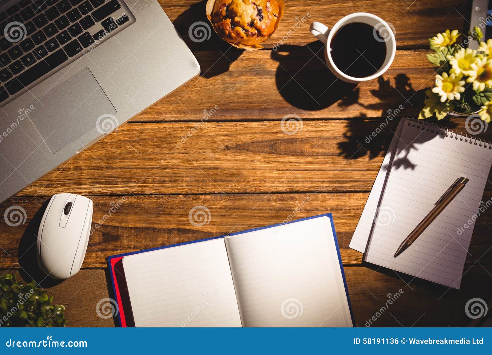 Overhead view of an desk stock photo. Image of computer - 58191136
