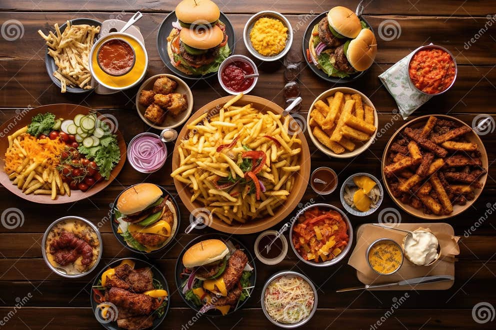 Overhead View of Different Burger Toppings on Table Stock Photo - Image ...