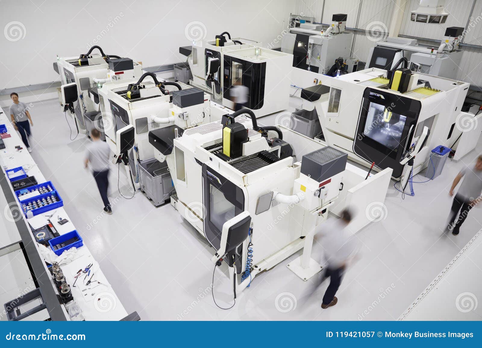 Overhead View of Engineering Workshop with Workers Using CNC Mac Stock ...
