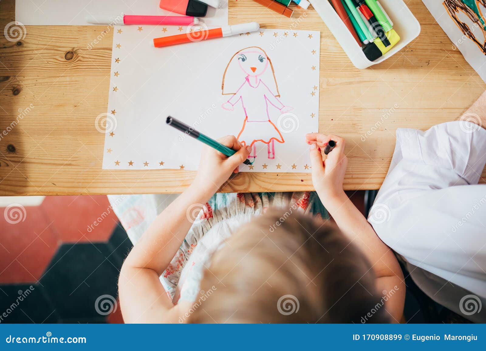 Overhead View Female Children Sitting Table Drawing Stock Image - Image ...