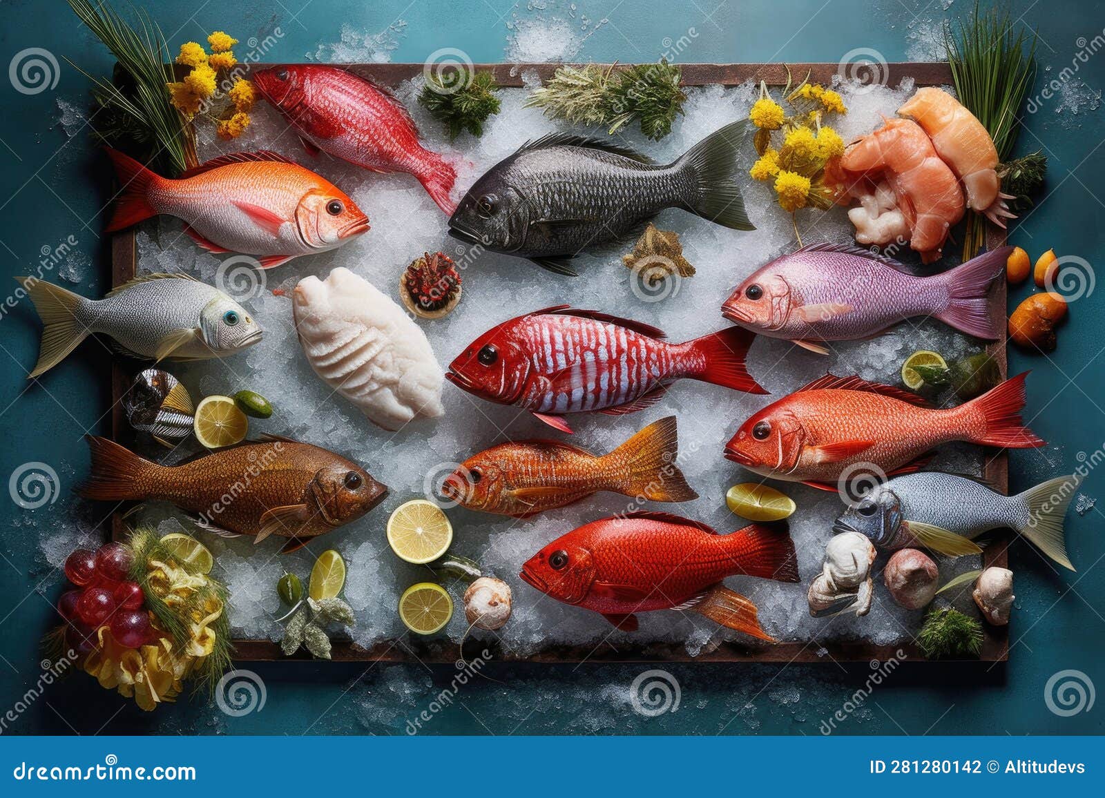 Overhead View of Fresh Fish on Ice Display Stock Illustration ...