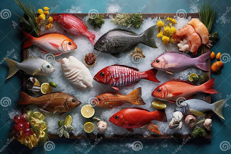 Overhead View of Fresh Fish on Ice Display Stock Illustration ...