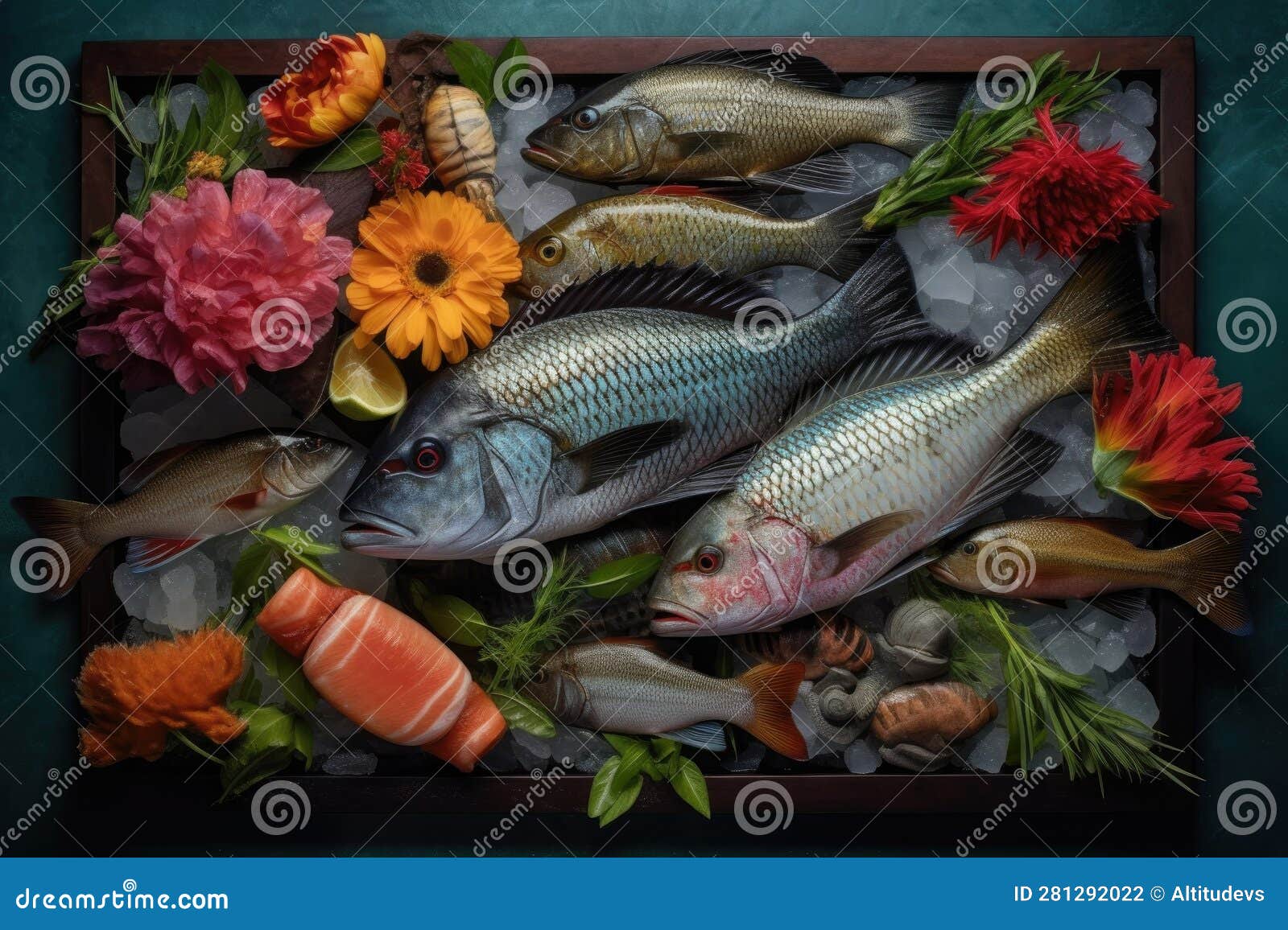 Overhead View of Fresh Fish on Ice Display Stock Illustration ...