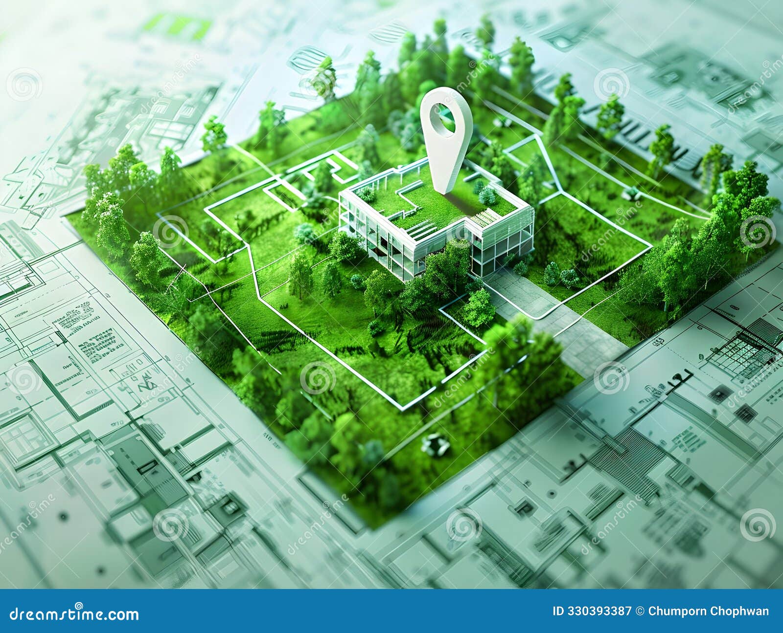 Overhead View of a Green Land Plot with Location Pin Icon Architectural ...