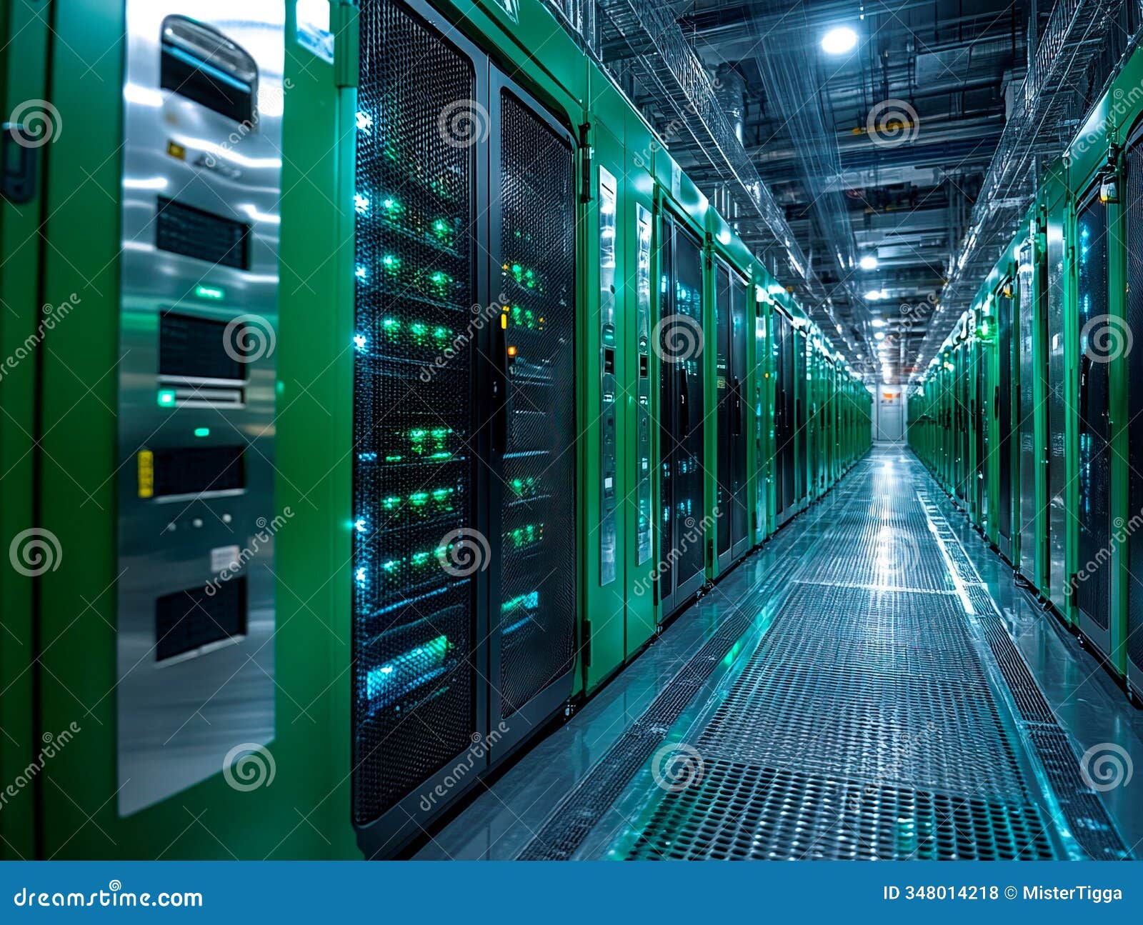 Overhead View of a Greenish-blue Server Room Filled with Operational ...