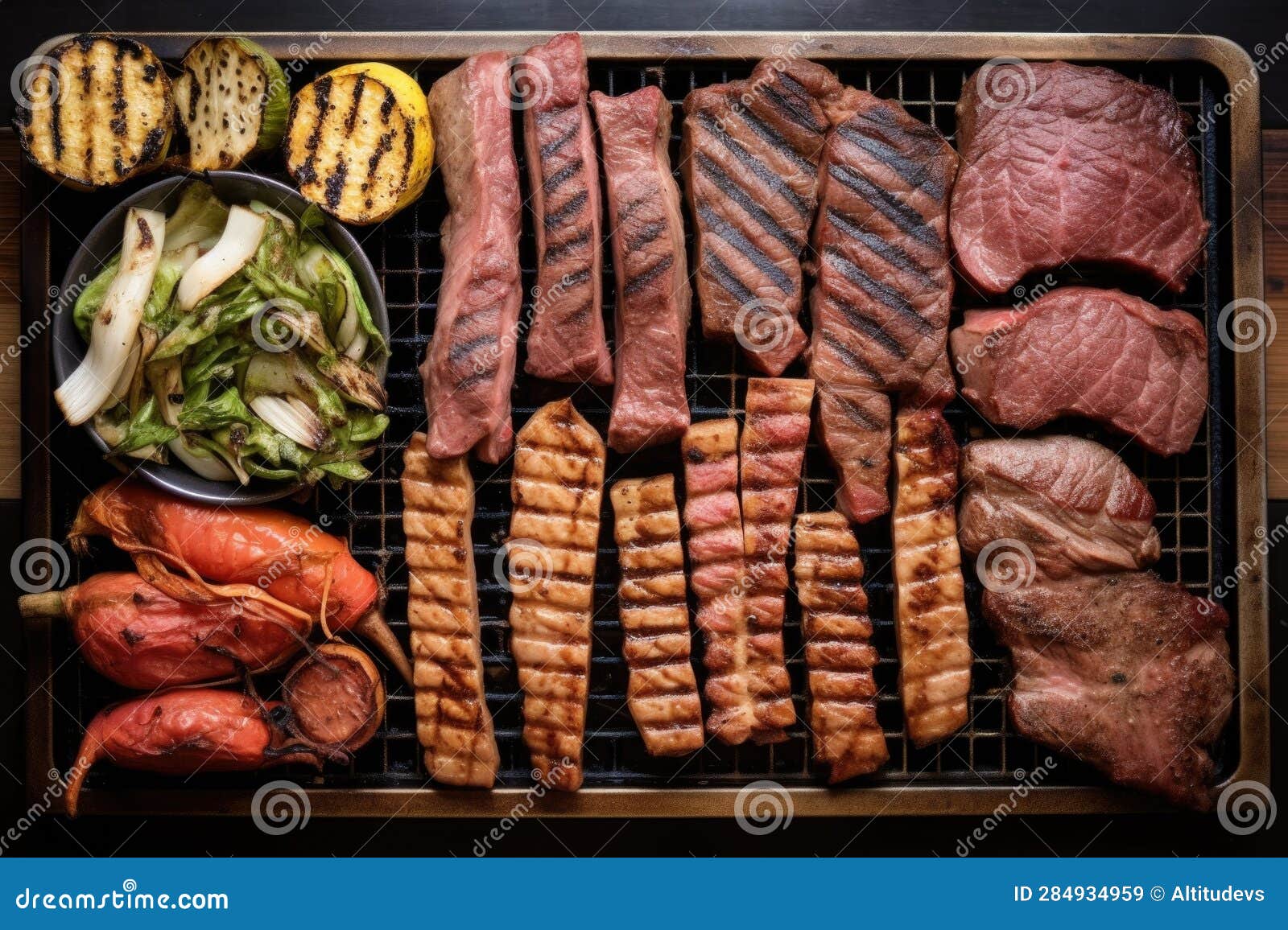 Overhead View of a Grill Filled with Various Cuts of Steak Stock ...