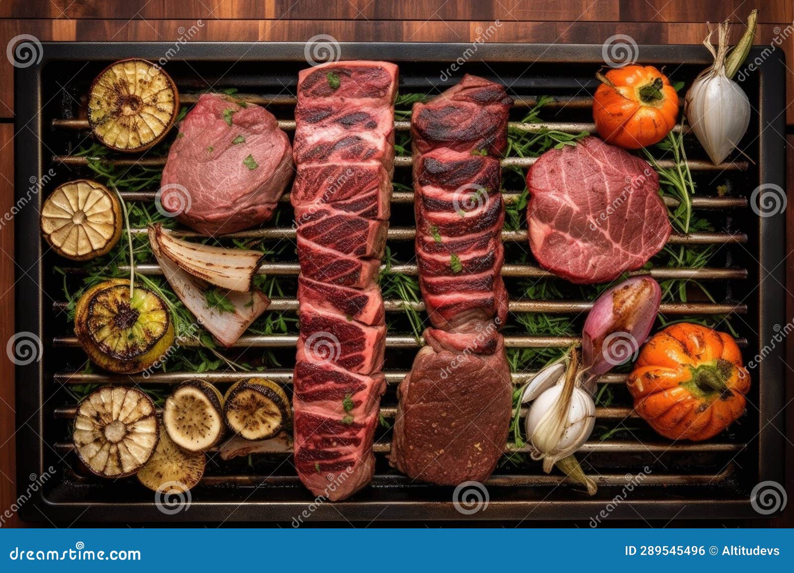 Overhead View of a Grill Filled with Various Cuts of Steak Stock Photo ...