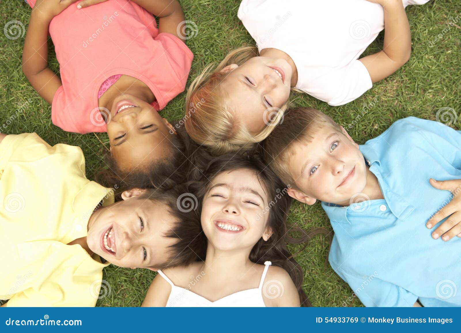 Overhead View of Group of Children Smiling at Camera Stock Image ...