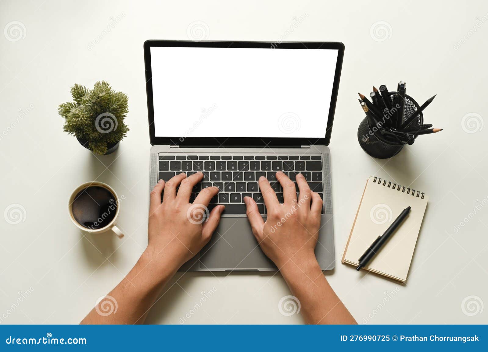 Overhead View of Hands Typing on Keyboard of Laptop Computer. Blank ...