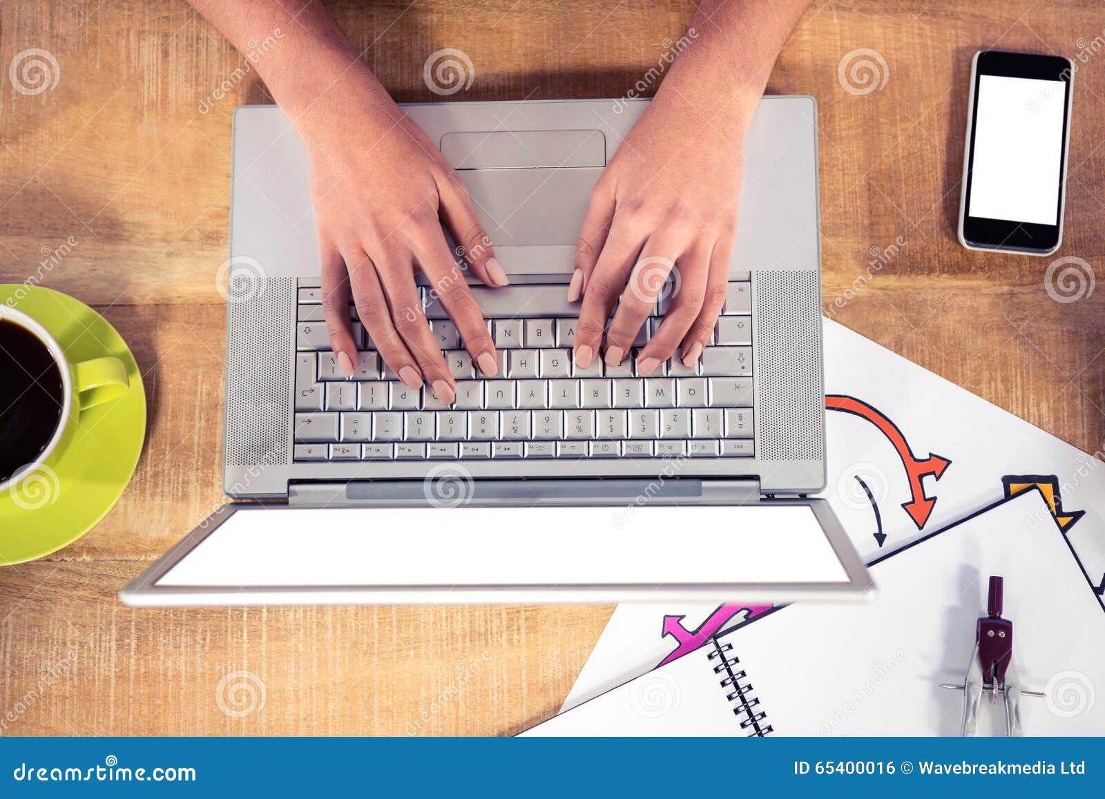 Overhead View of Hands Typing on Laptop Keyboard Stock Photo - Image of ...