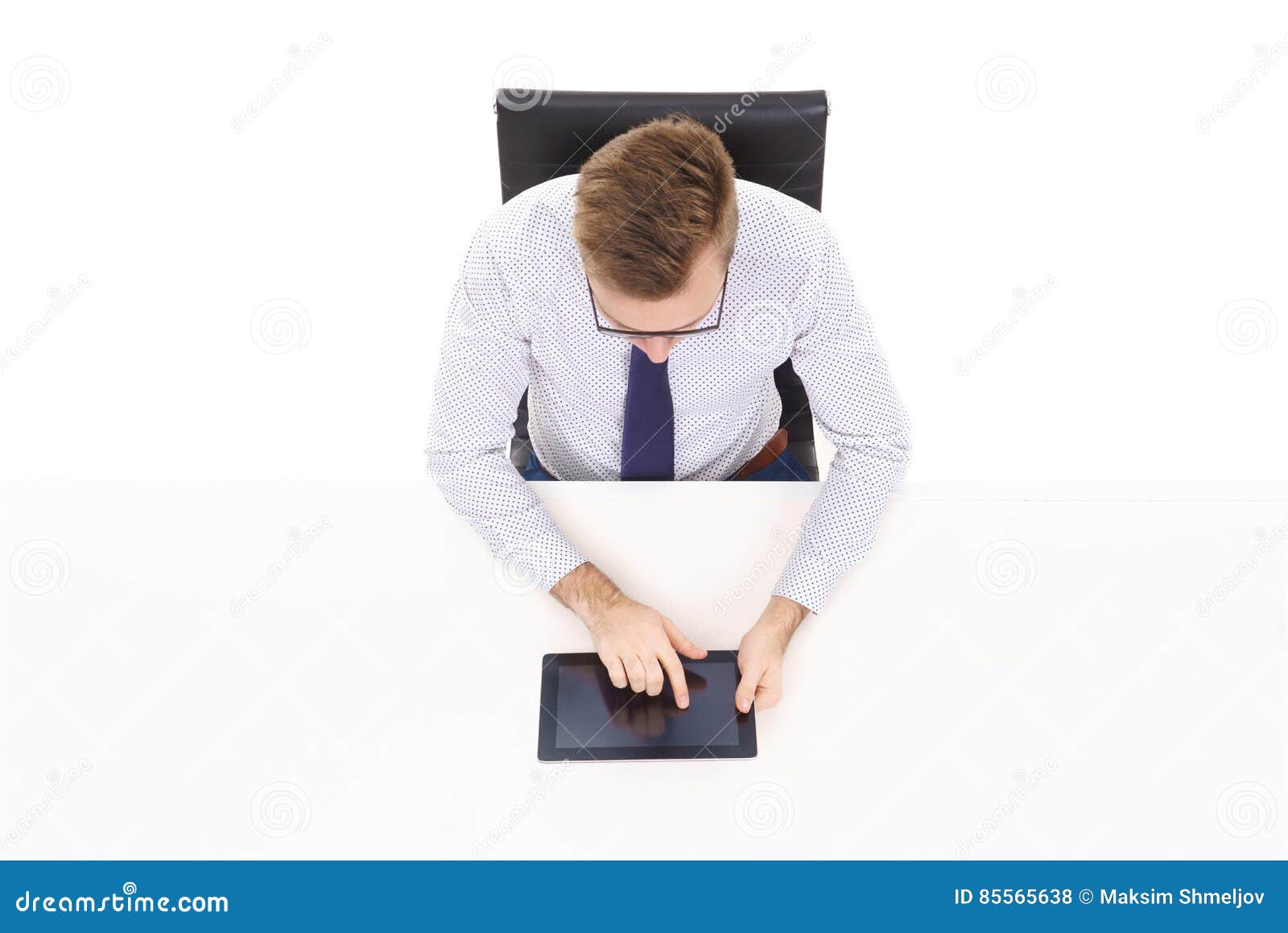 Overhead View of a Handsome Businessman Working with Tablet Computer in ...
