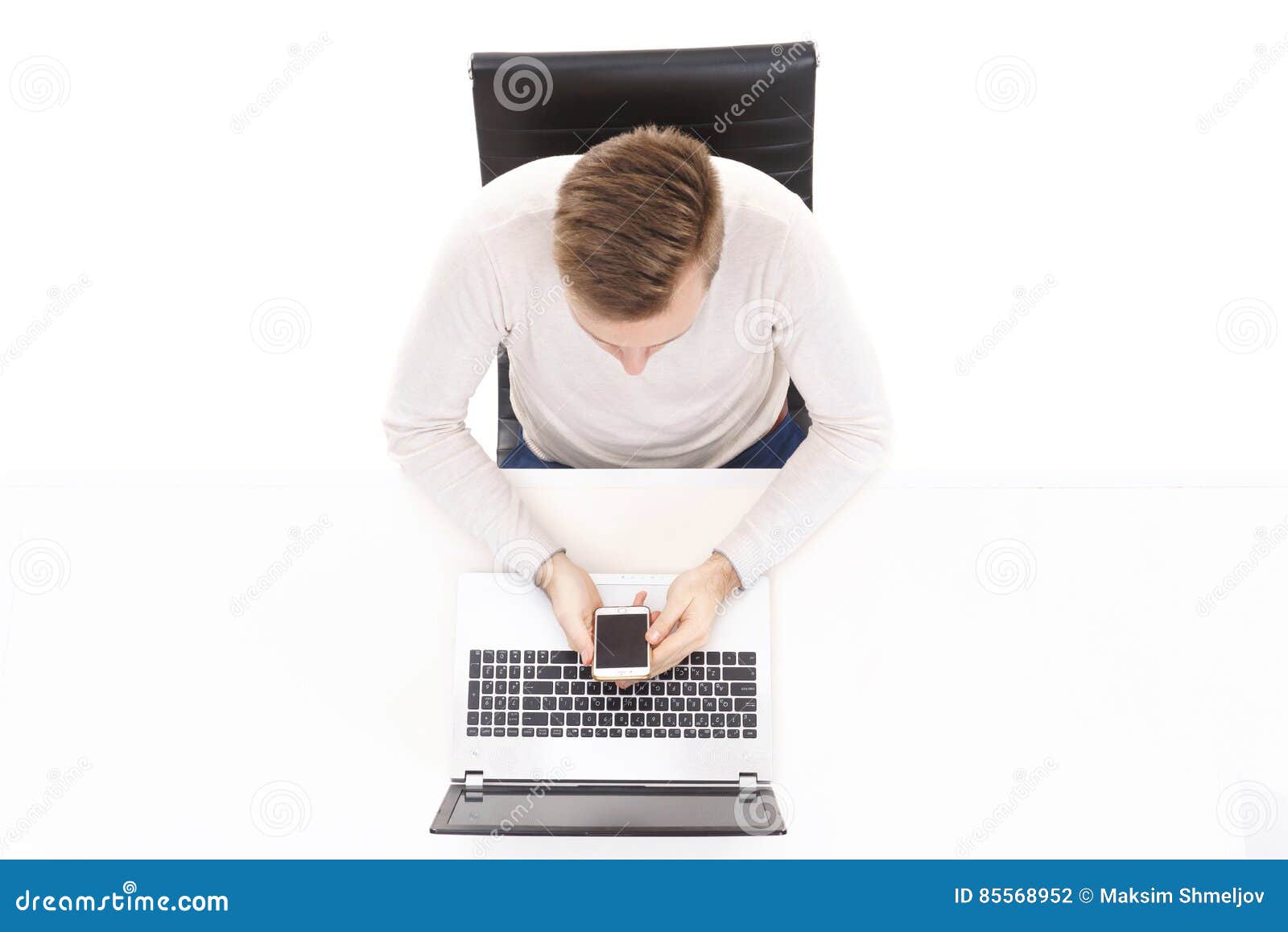 Overhead View of a Handsome Guy Working in Office on a Laptop. Business ...