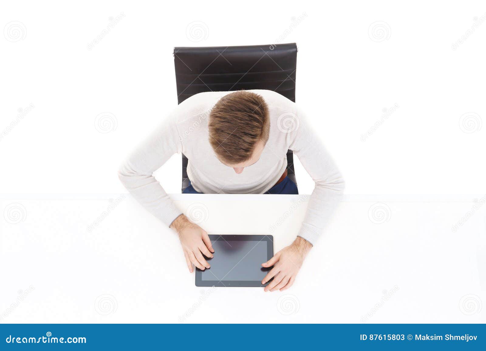 Overhead View of a Handsome Guy Working with Tablet Computer in Stock ...