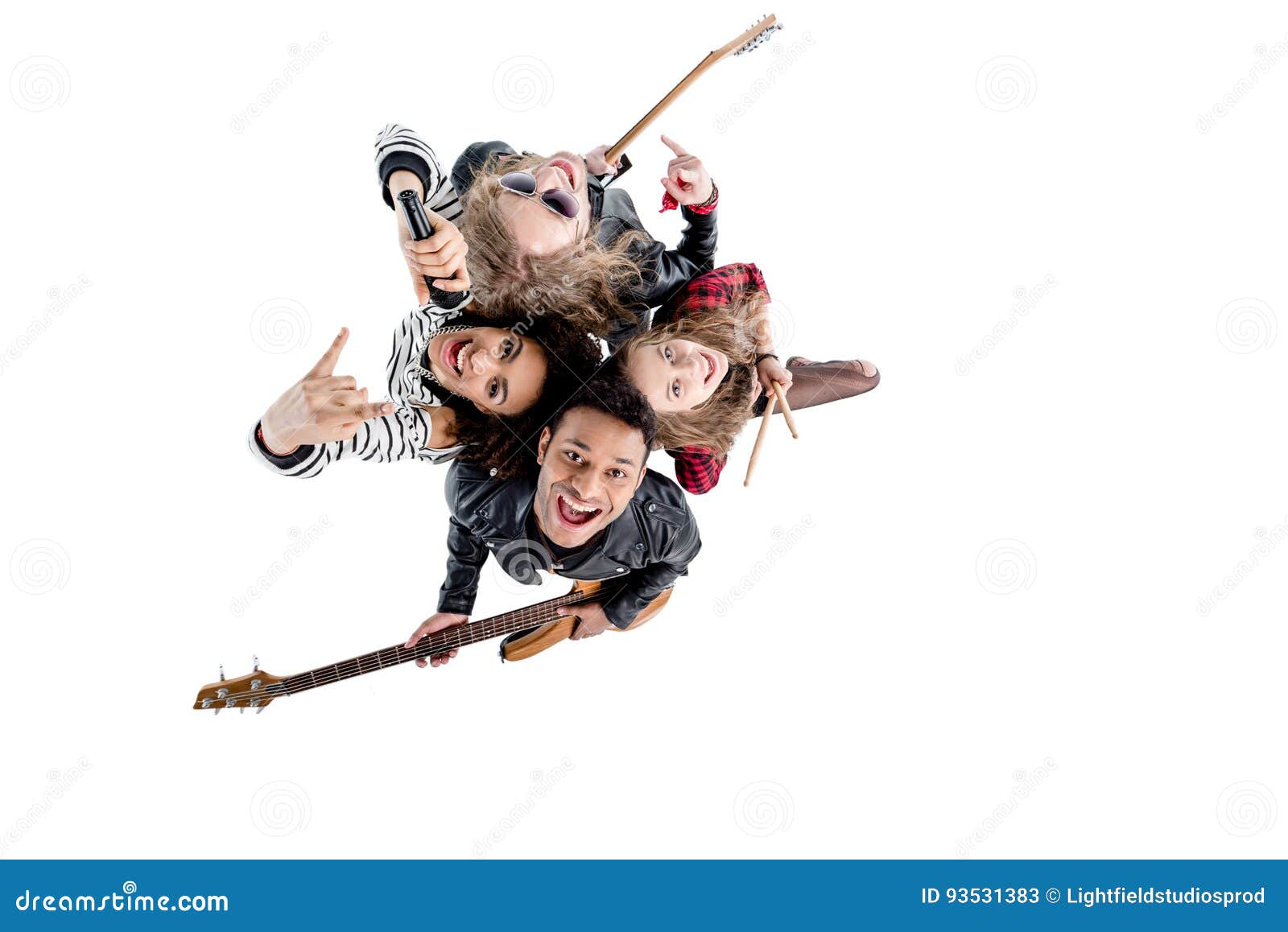Overhead View of Happy Young Rock and Roll Band Posing with Instruments ...