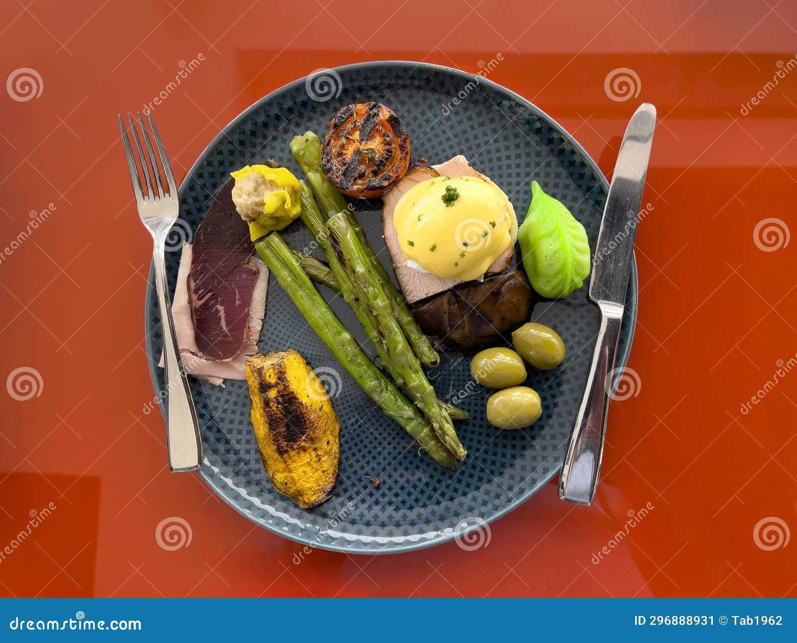 Overhead View of a Healthy Morning Breakfast with Meat and Vegetables ...