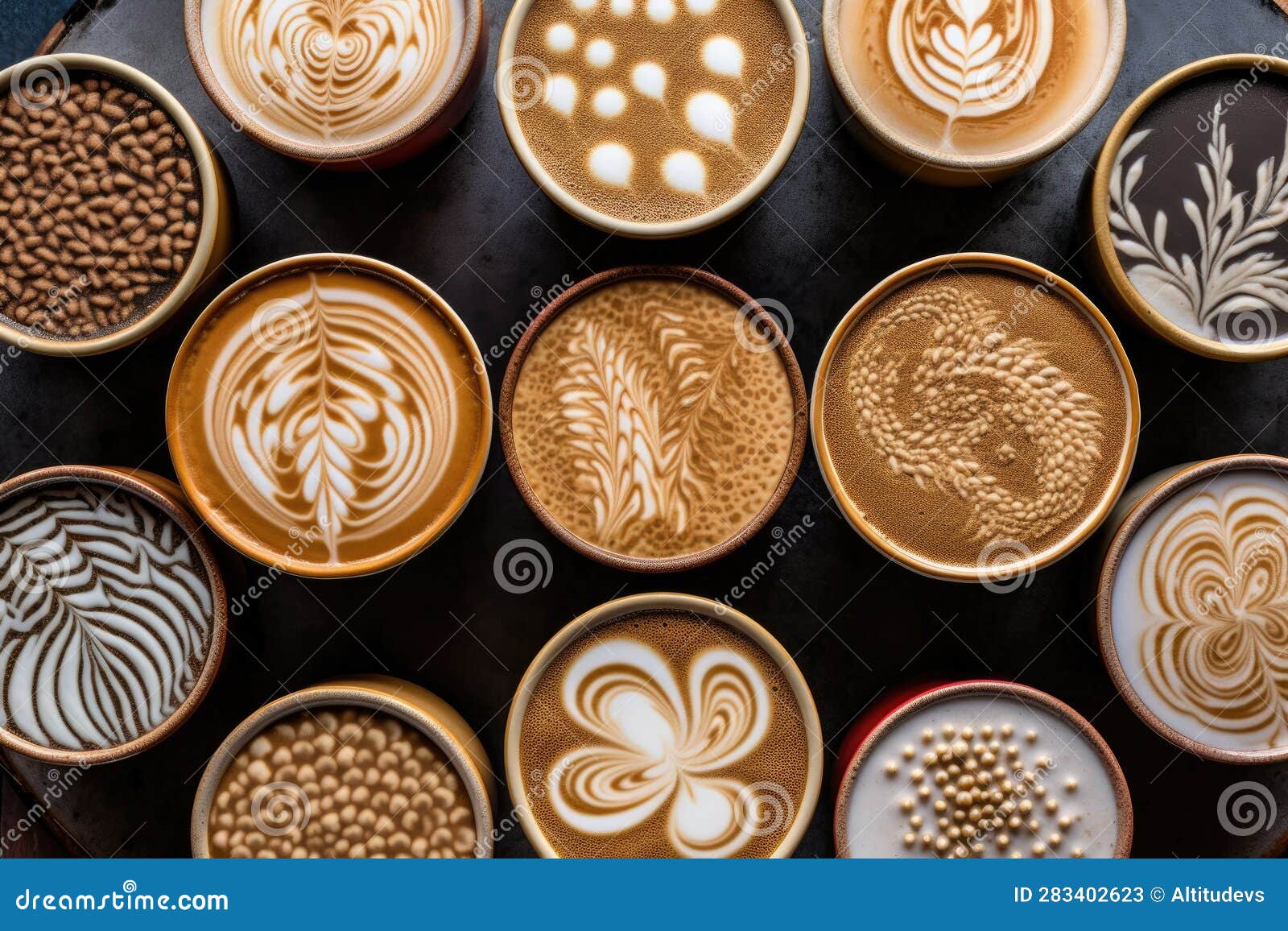 Overhead View of Intricate Coffee Latte Art Patterns Stock Image ...