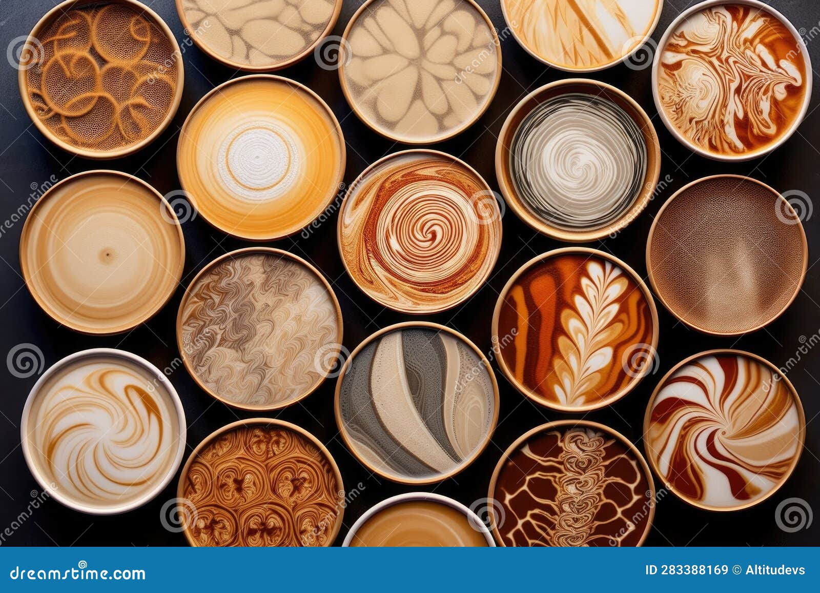 Overhead View of Intricate Coffee Latte Art Patterns Stock Image ...