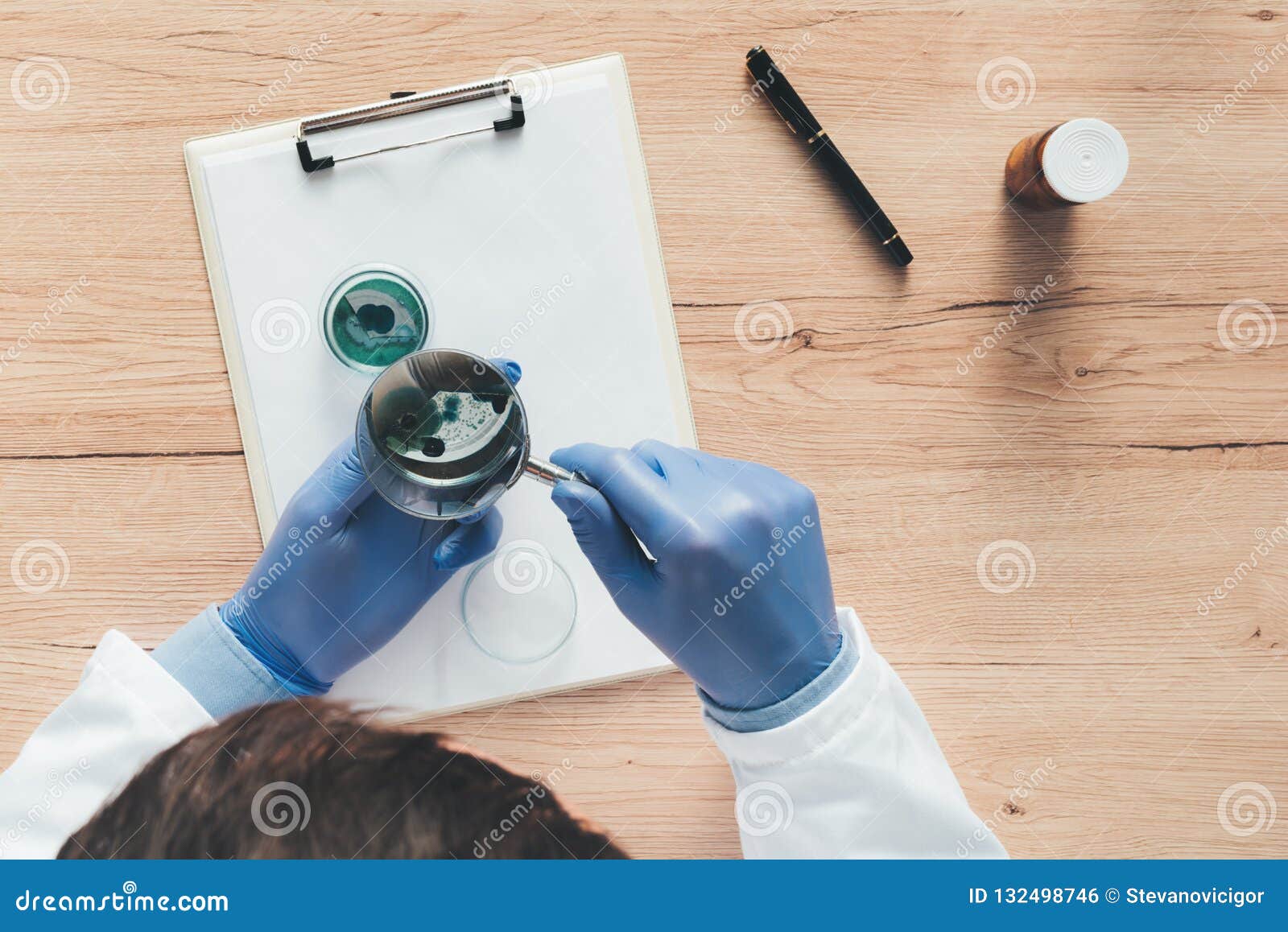Overhead, Scientist Or Chemist Desk Workspace With Laptop, Dropper ...