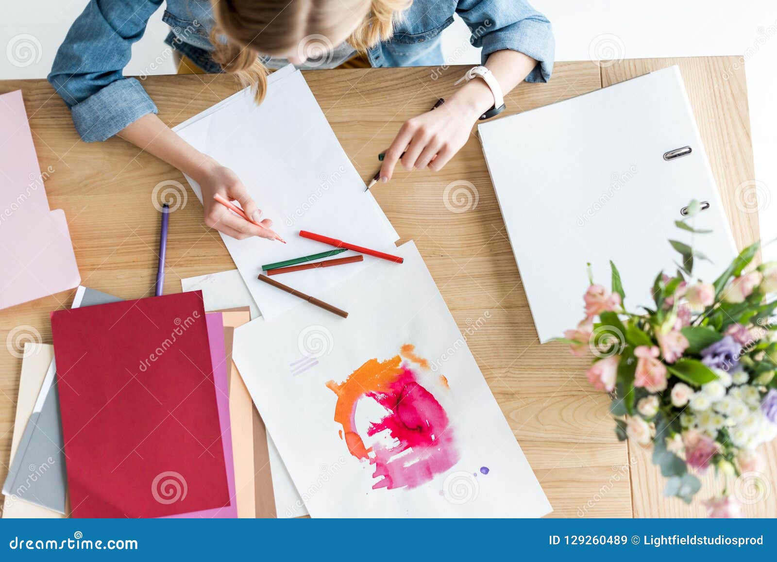 Overhead View of Magazine Editor Drawing Sketches Stock Image - Image ...