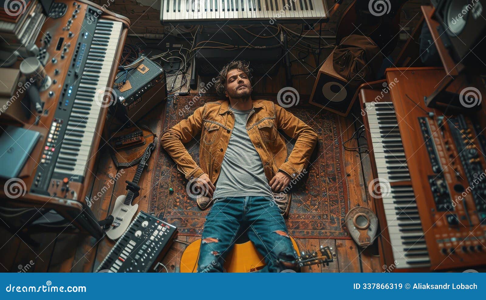 An Overhead View of a Man on a Brooding Man Lying on the Floor Enjoying ...