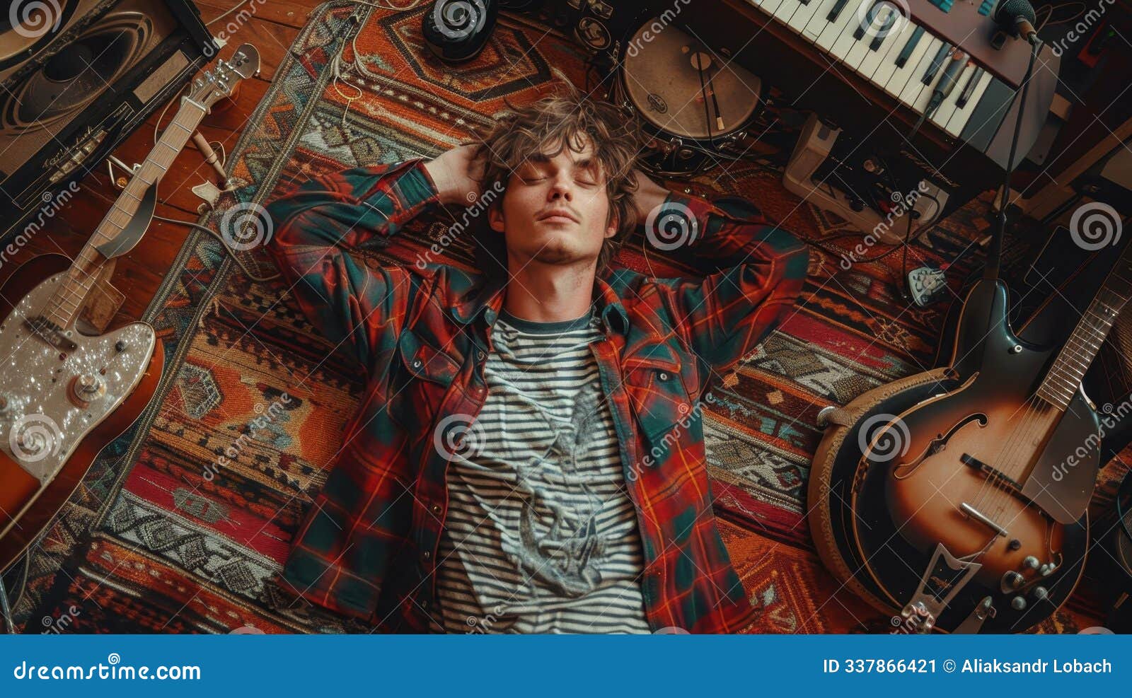 An Overhead View of a Man on a Brooding Man Lying on the Floor Enjoying ...