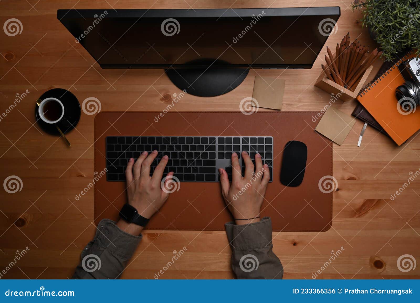 Overhead View of Man Hands Typing on Keyboard. Stock Photo - Image of ...