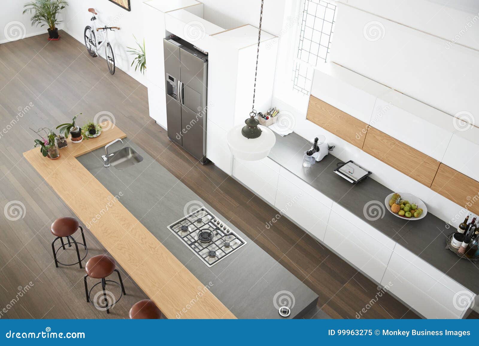 Overhead View of Modern Kitchen with Island Stock Image - Image of ...