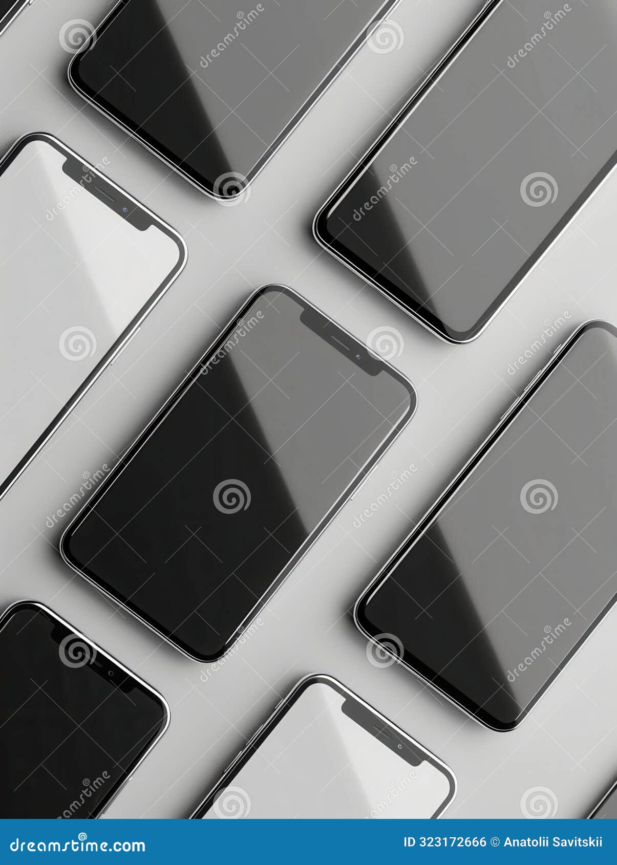 An Overhead View of Modern Smartphones Arranged at Different Angles on ...
