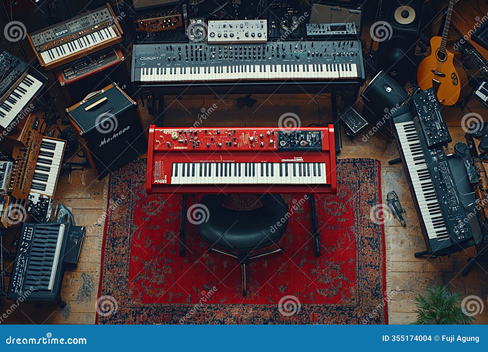 Overhead View Of A Music Studio Filled With Various Keyboards ...