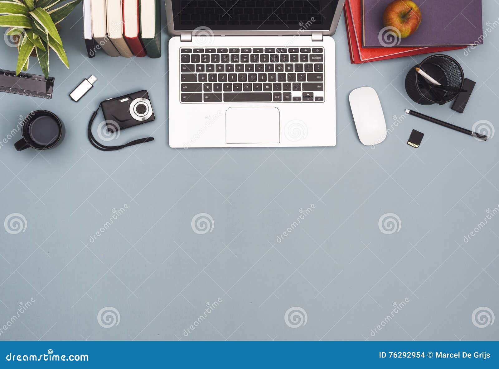 Overhead View Office Desk Hero Header Stock Photo - Image of coffee ...