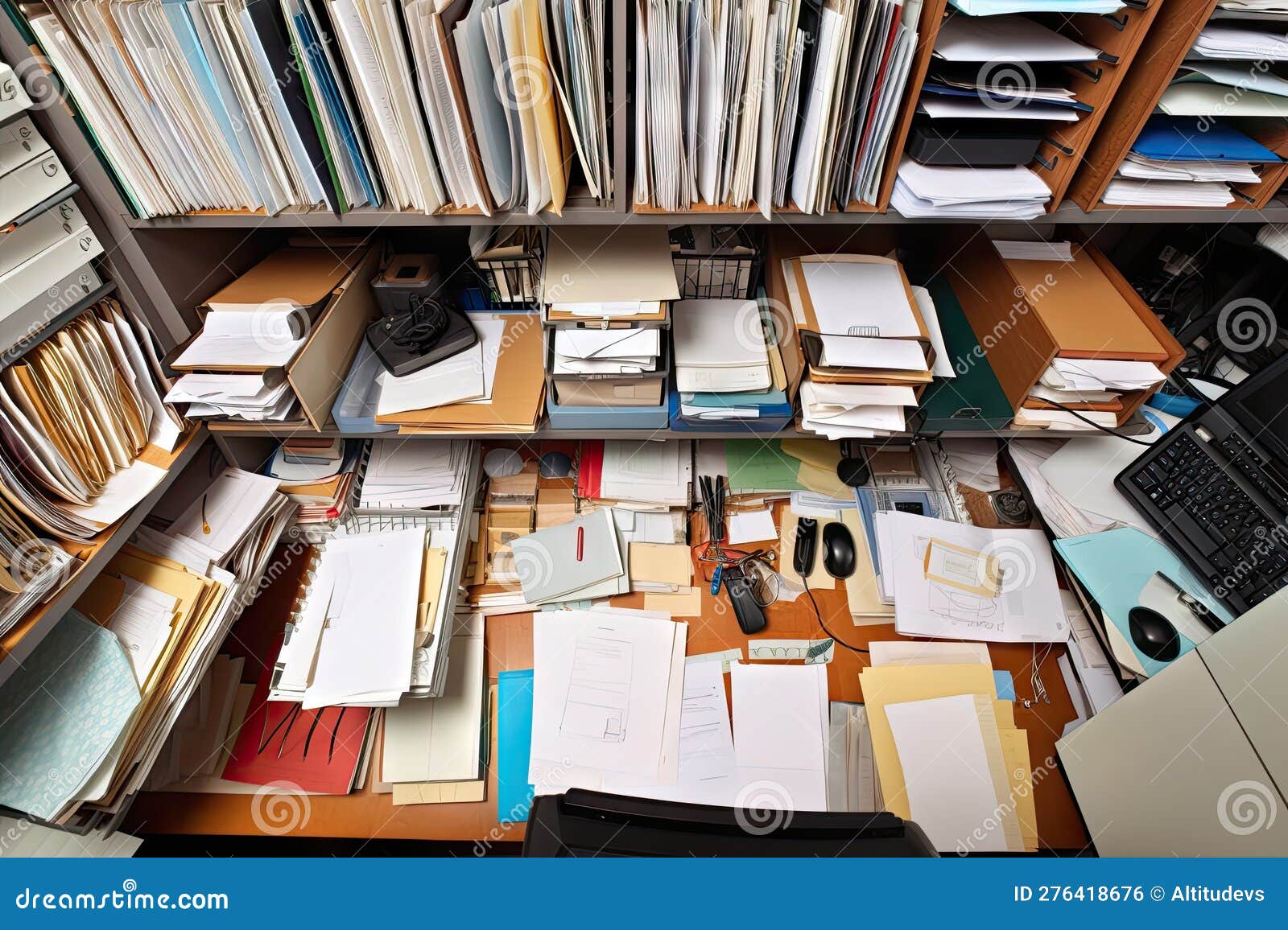 Overhead View of an Organized Office with Neat Stacks of Documents ...