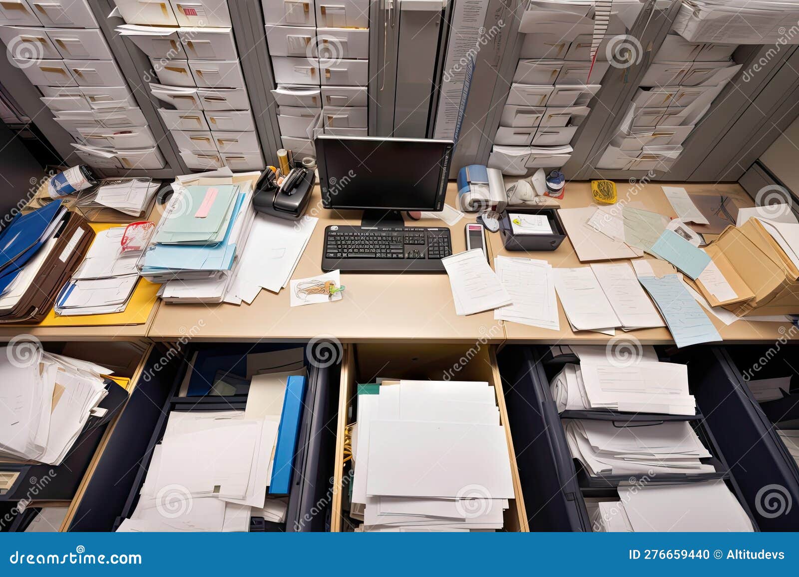Overhead View of an Organized Office with Neat Stacks of Documents ...