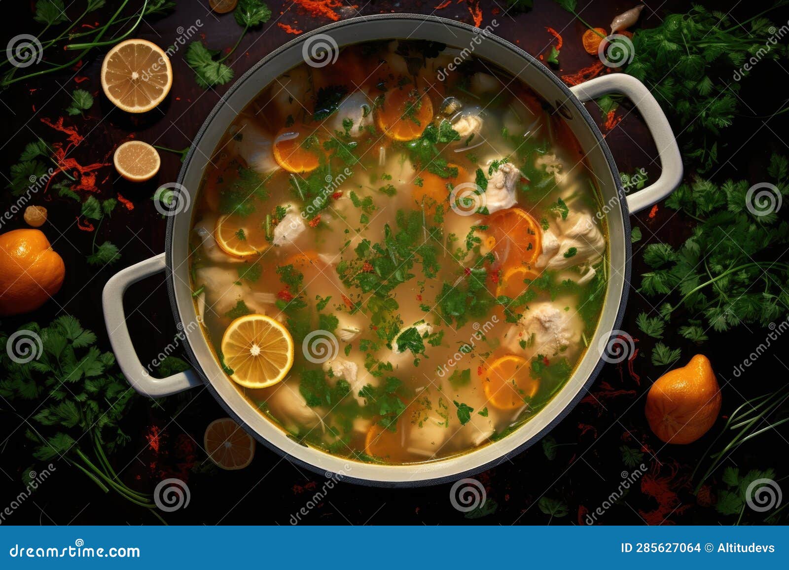 Overhead View of a Pot Filled with Chicken Noodle Soup Stock Photo ...