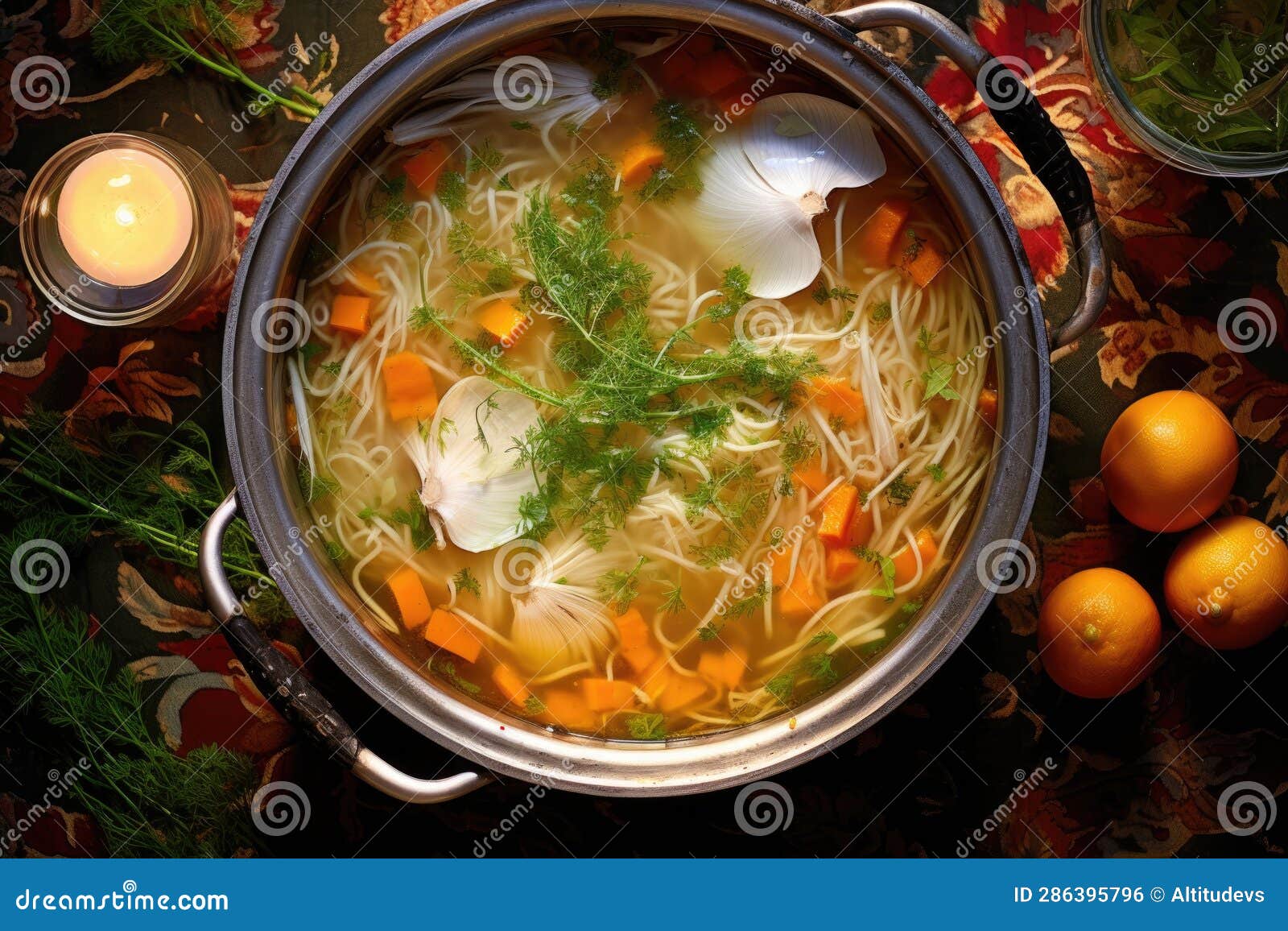 Overhead View of a Pot Filled with Chicken Noodle Soup Stock Photo ...