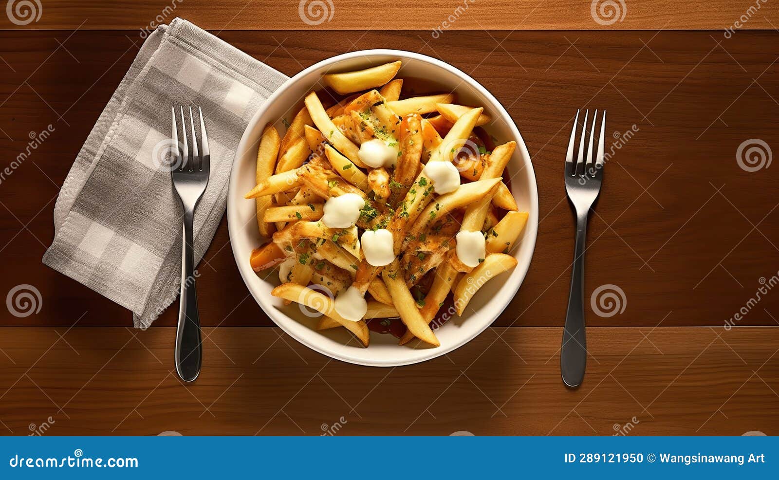 Overhead View of Poutine in Bowl with Forks Generative AI Stock ...