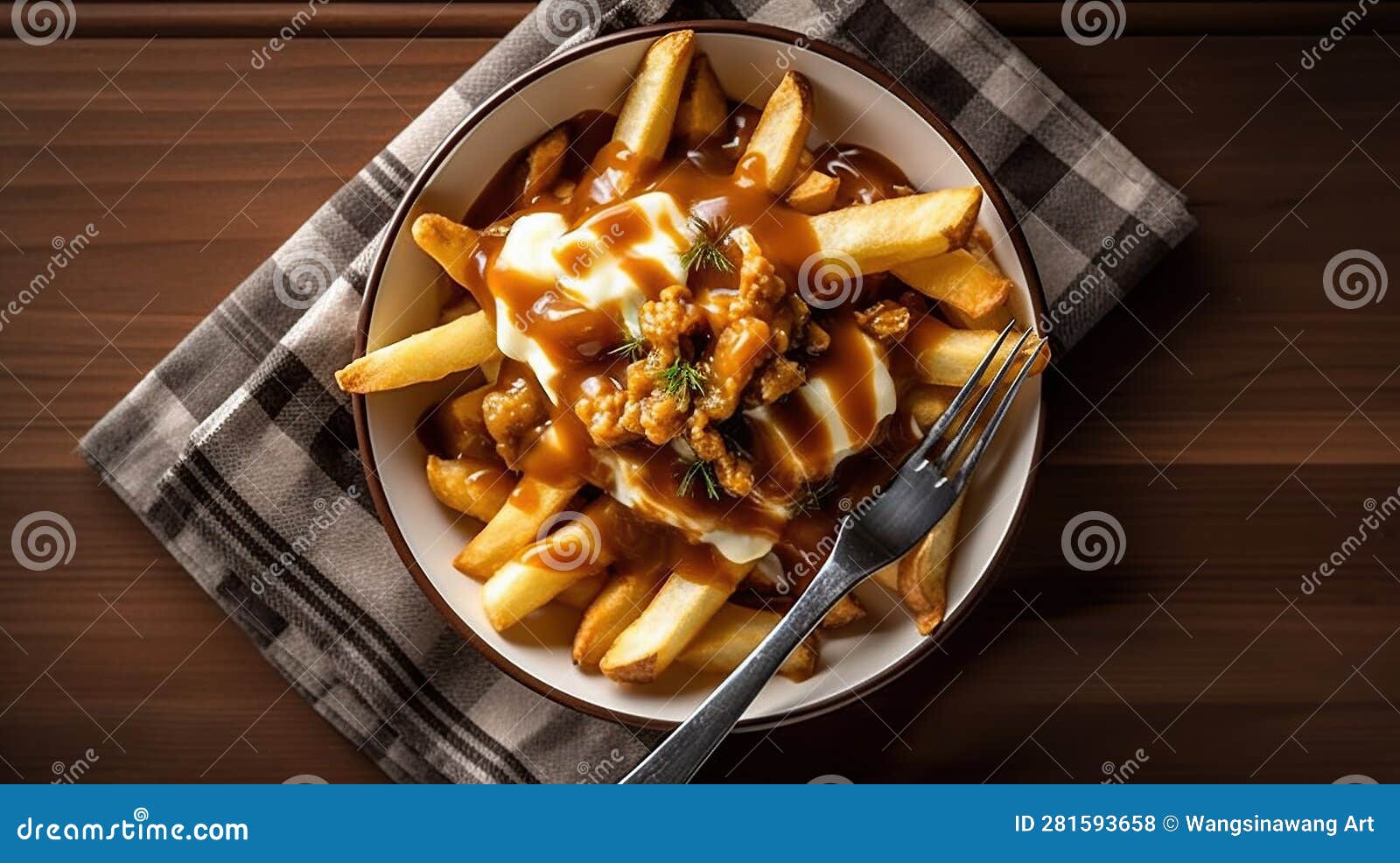 Overhead View of Poutine in Bowl with Forks Generative AI Stock ...
