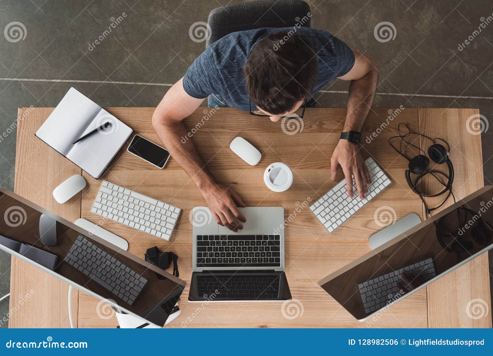 Overhead View of Programmer Using Computers Stock Photo - Image of ...